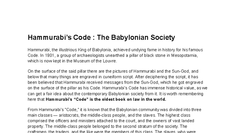 Hammurabi's Code: Insights into the Babylonian Society - Studocu