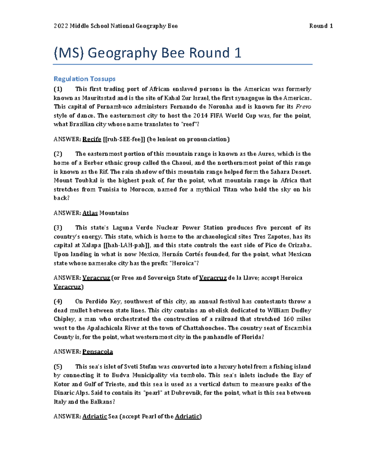 (MS) Geography Bee Round 1 Regulation Tossups and Extra Questions - Studocu