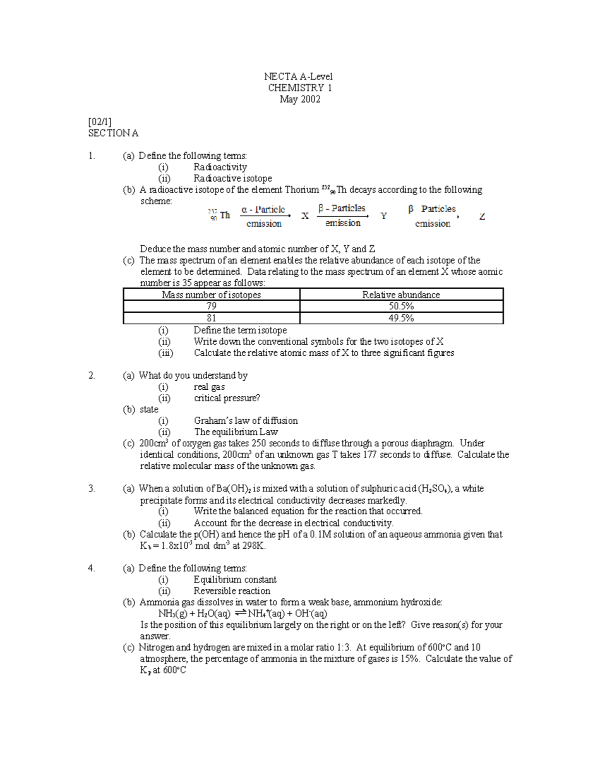 Necta A Level Chemistry 1 - NECTA A-Level CHEMISTRY 1 May 2002 [02/1 ...