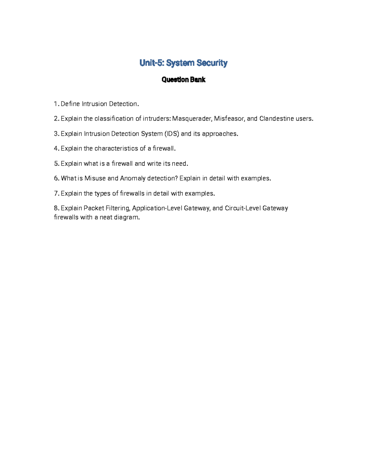 CYWS (Unit-5) Question bank - Unit-5: System Security Question Bank 1 ...