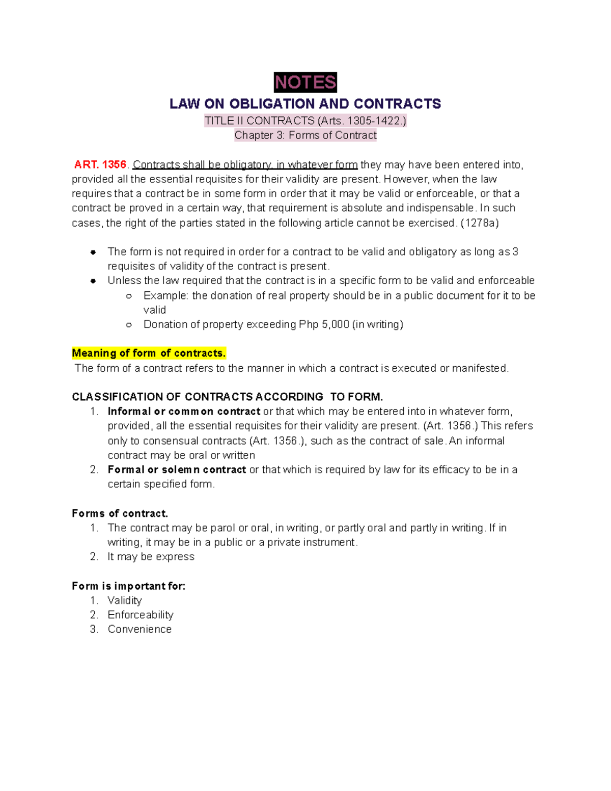 LAW 101 - Chapter 3: Understanding Forms of Contracts in Law - Studocu