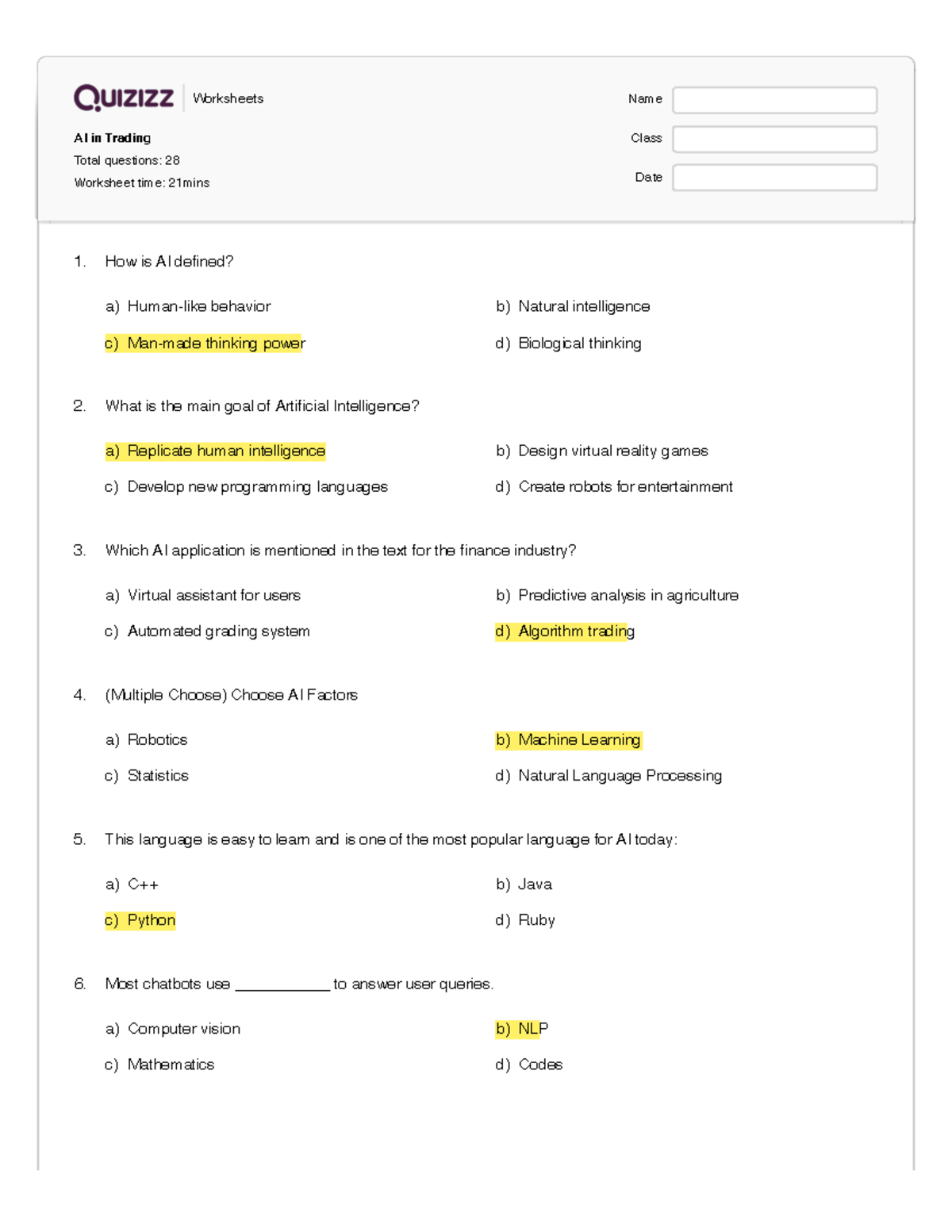 AI in Trading Quizizz - ÁDsada - Worksheets AI in Trading Total ...