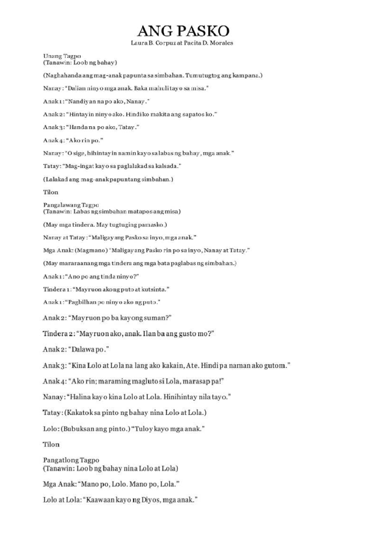 Dula: Halimbawa ng Panitikan (ANG PASKO) - Studocu