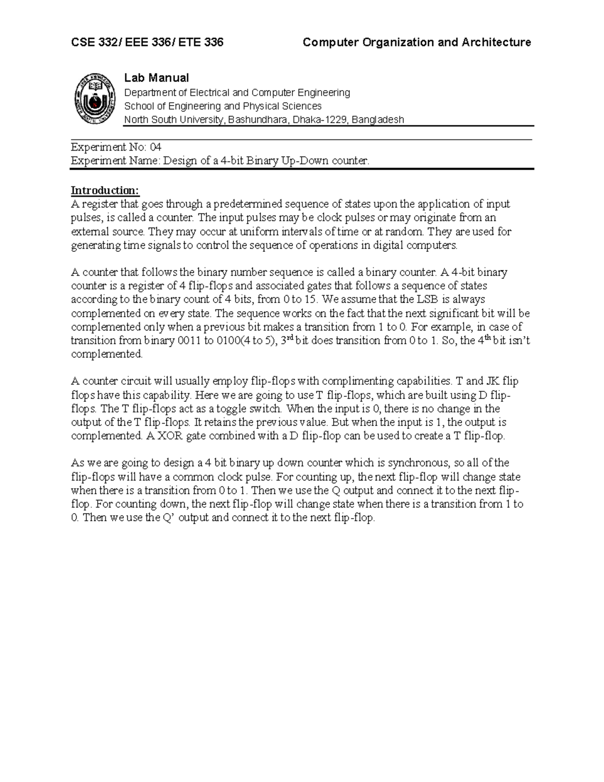 EXP-04: Lab Manual for 4-Bit Binary Up-Down Counter Design - Studocu