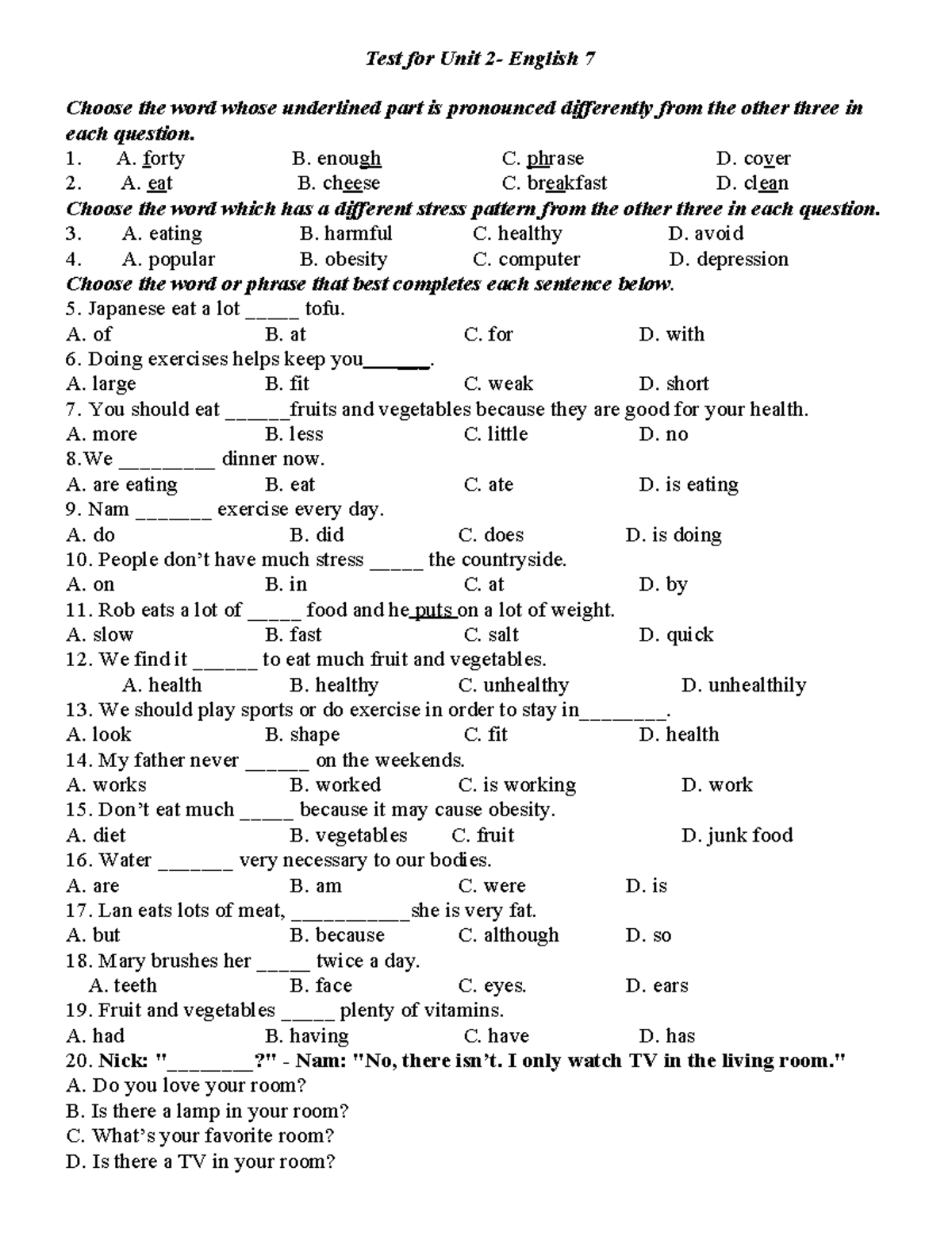 E7 - Test for Unit 2: Pronunciation and Vocabulary Exercises - Studocu