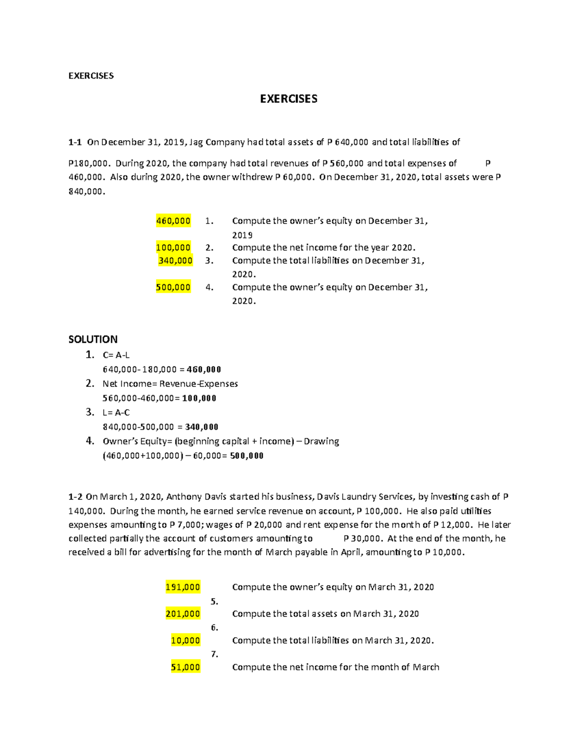 Accounting Exercises: Analysis and Solutions for Assets & Liabilities ...