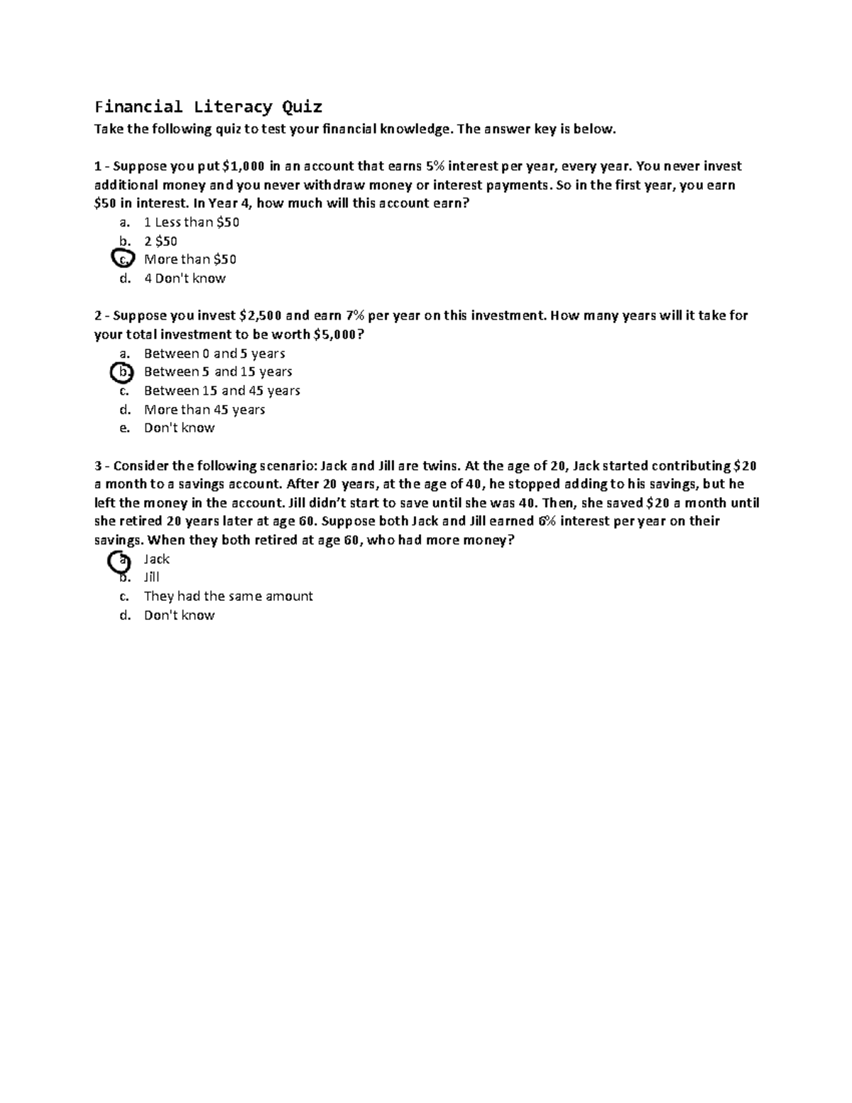 FIN 101: Financial Literacy Quiz with Answer Key - Studocu