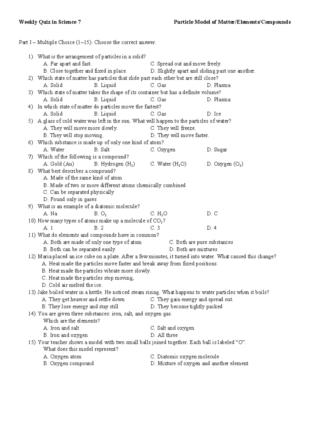 Weekly Quiz in Science 7: Particle Model & Matter States - Studocu