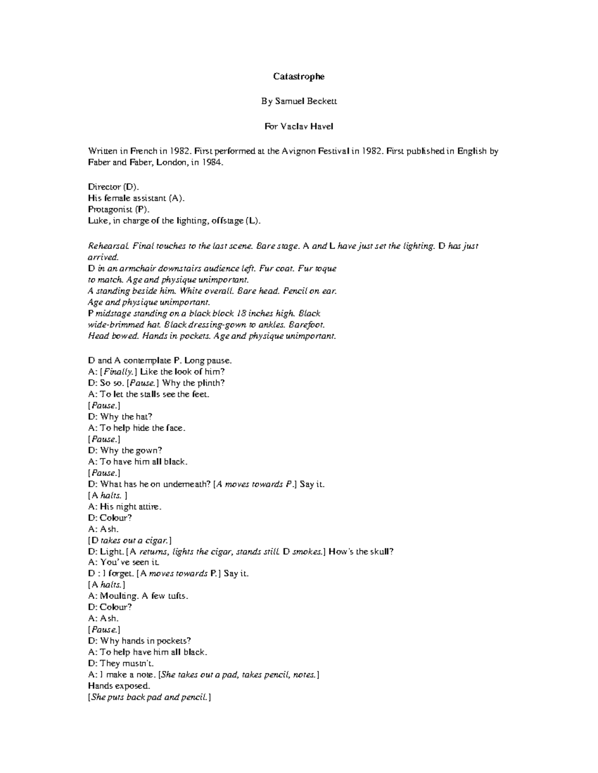 Final Exam Study Notes: 1 Samuel Beckett's "Catastrophe" Analysis - Studocu