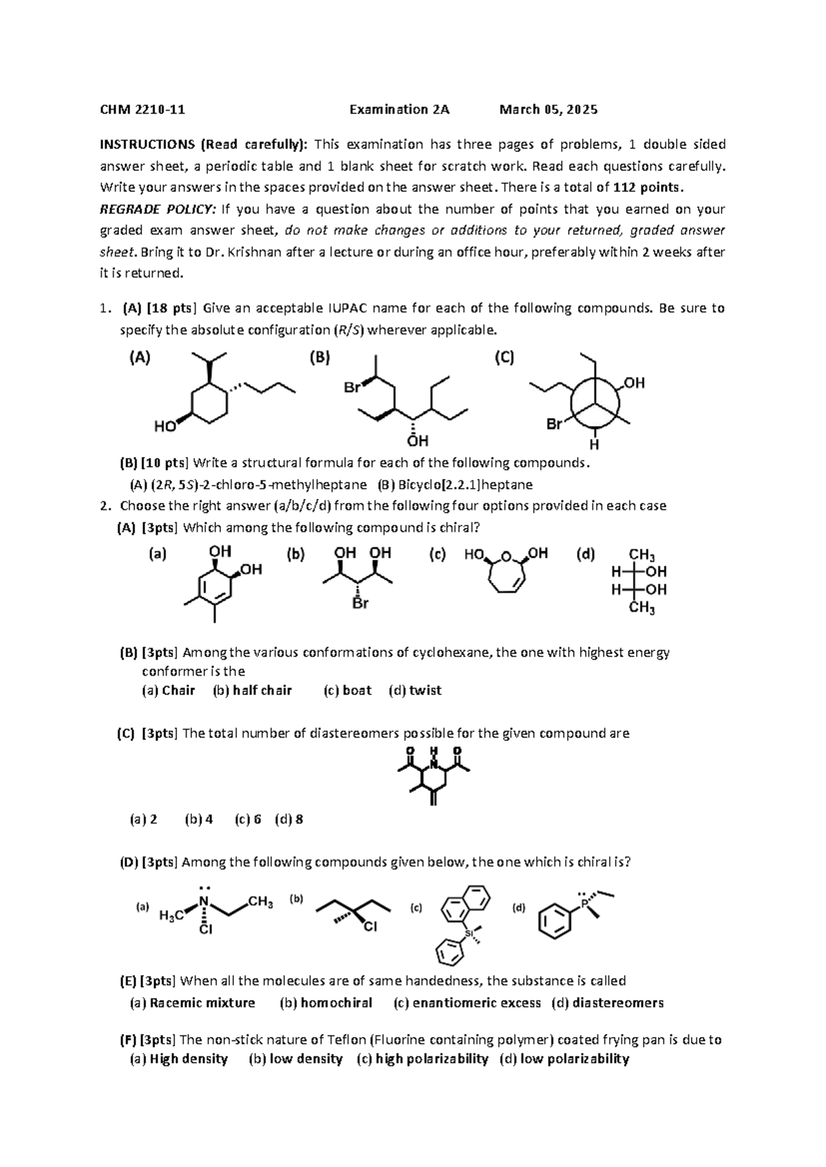 CHM 2210-11 Exam 2A: Structure, Configuration & Isomerism Questions ...