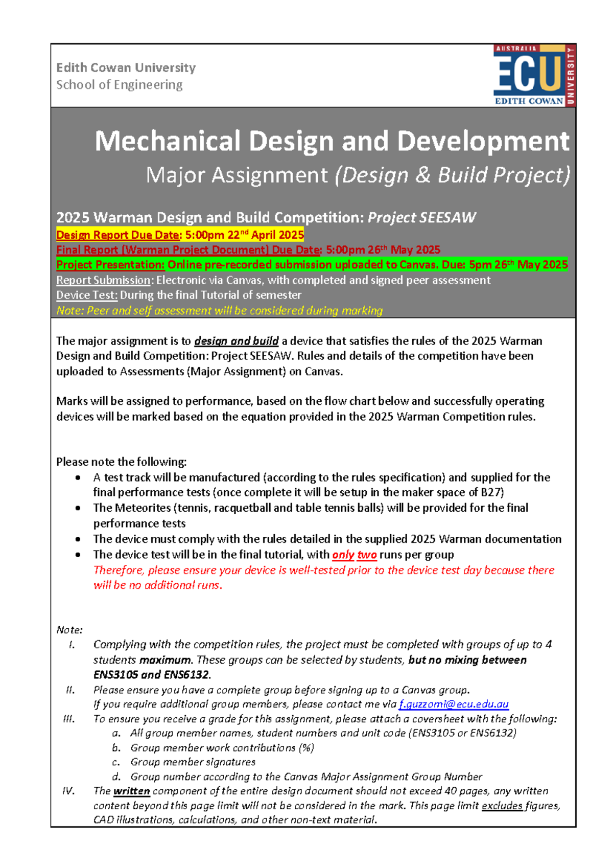 ENS3105/ENS6132 Major Assignment: 2025 Warman Design Project SEESAW ...