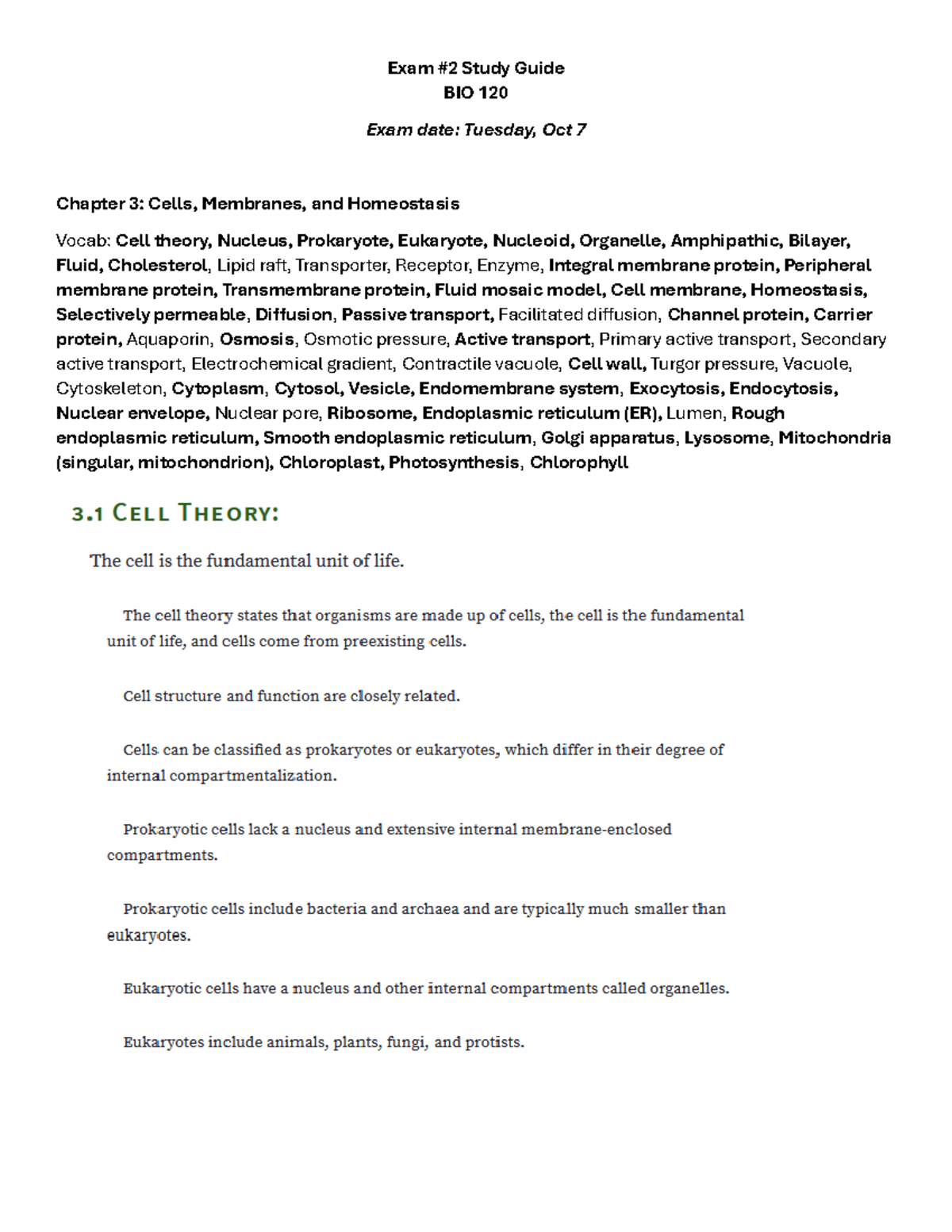 BIO 120 Exam #2 Study Guide: Cells, Membranes & Homeostasis - Studocu