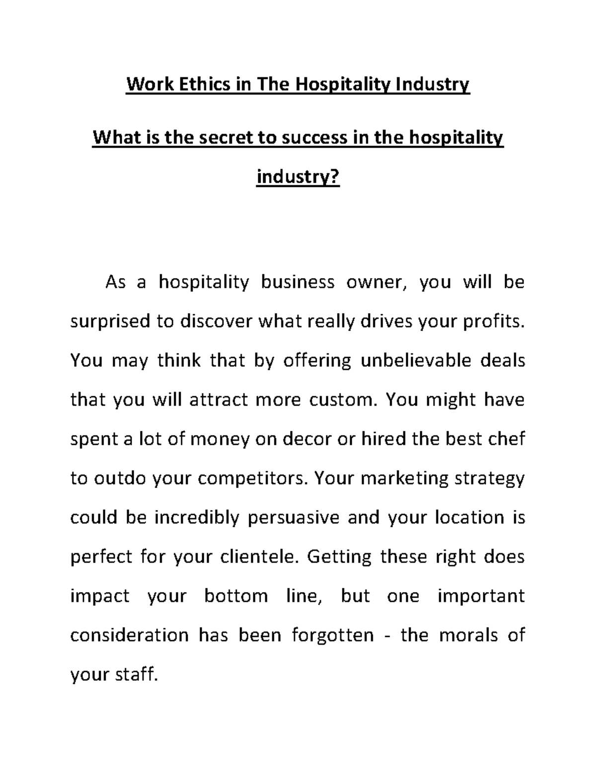 Work Ethics in The Hospitality Industry - You may think that by ...