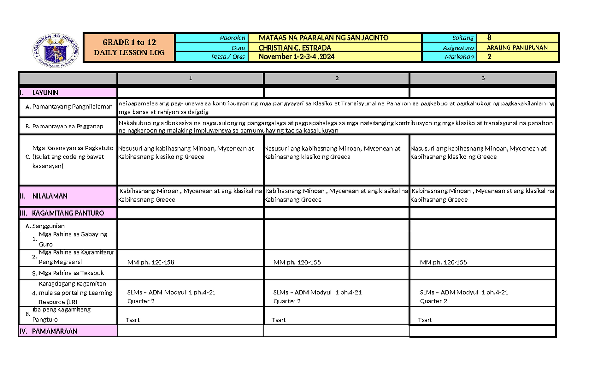 AP8 Q2 - Lesson Plan on Minoan and Mycenaean Civilizations - Studocu