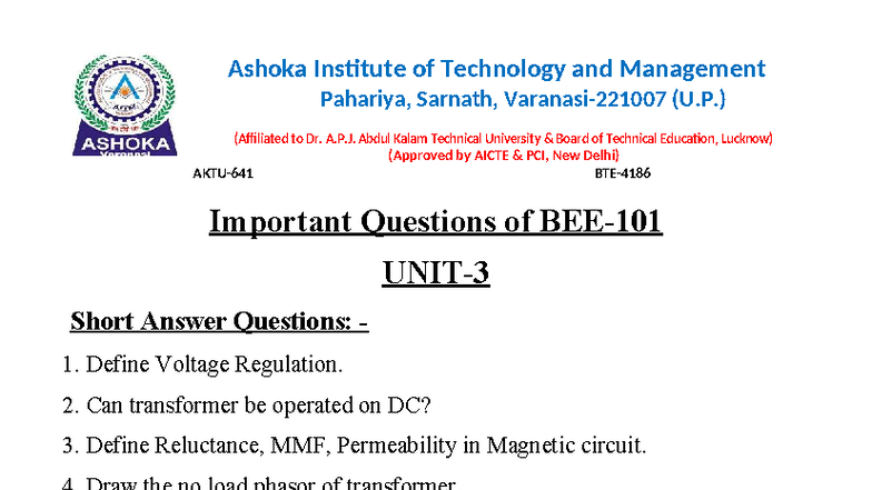 BEE 101 Unit 3 - Important Short & Long Answer Questions on Transformers - Studocu