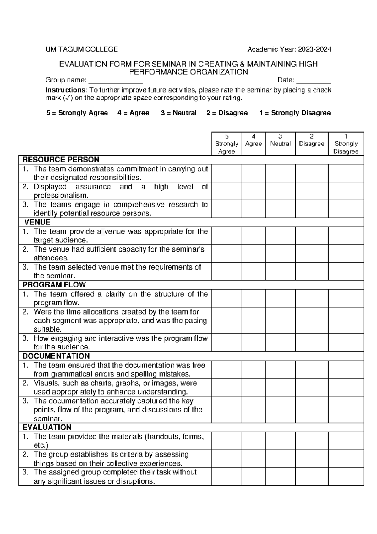 Evaluation Form - UM TAGUM COLLEGE Academic Year: 2023- EVALUATION FORM ...