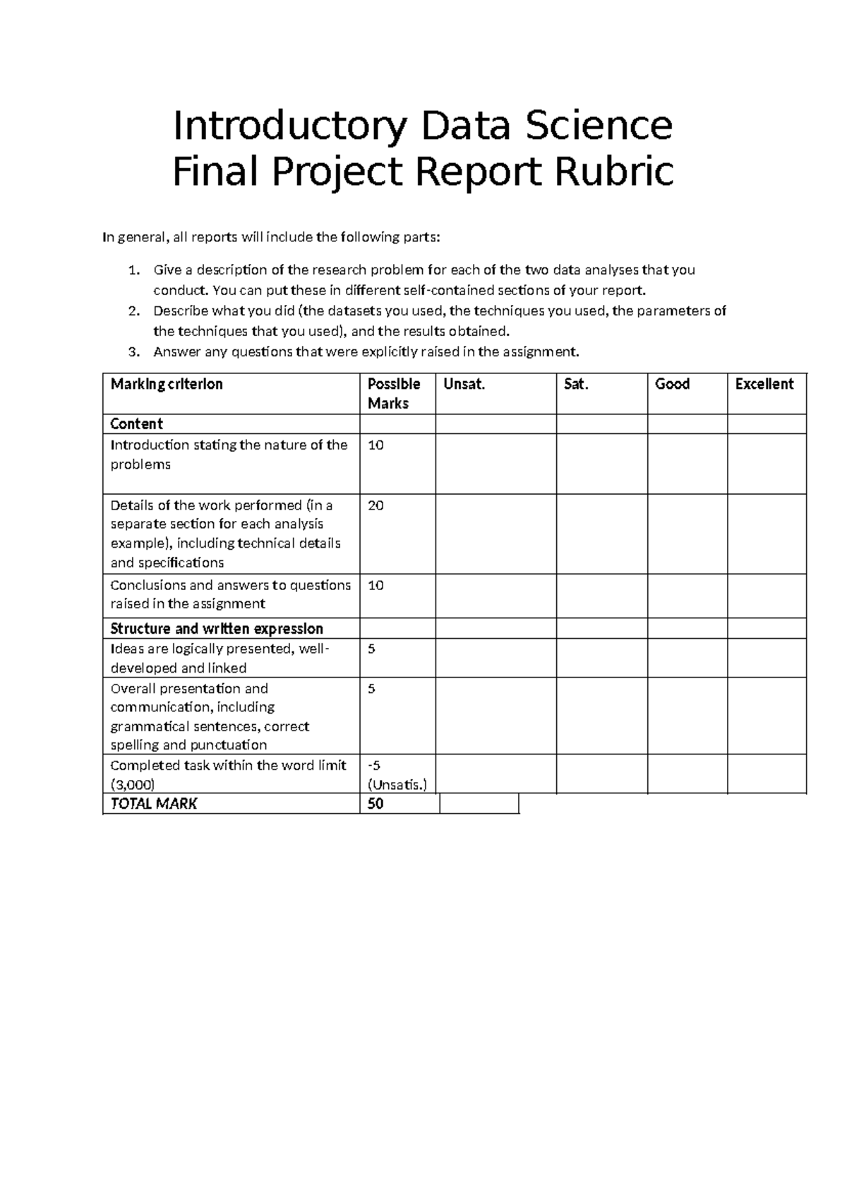 Final Project Report Rubric for Introductory Data Science - Studocu