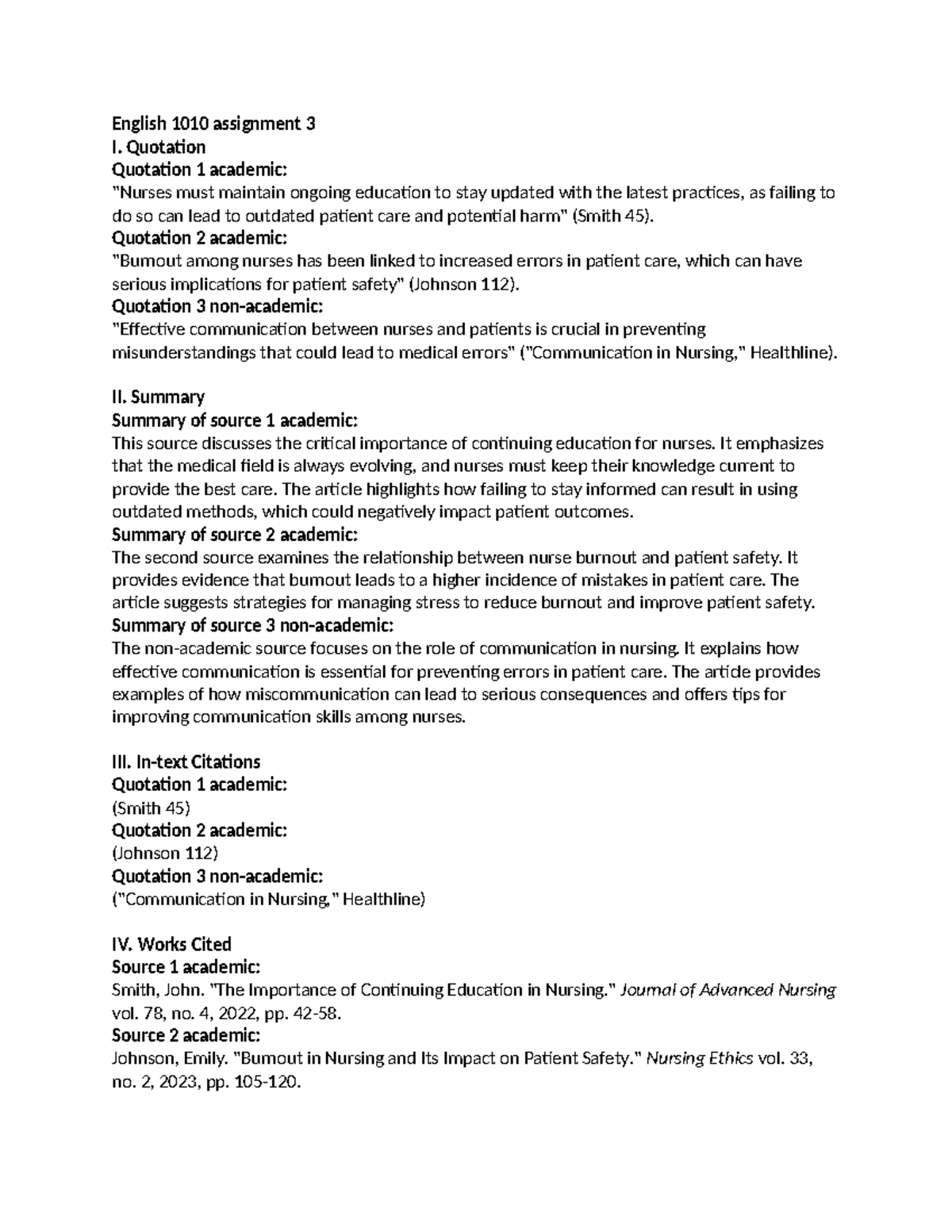 English 1010 Assignment 3: Nursing Education and Patient Safety ...