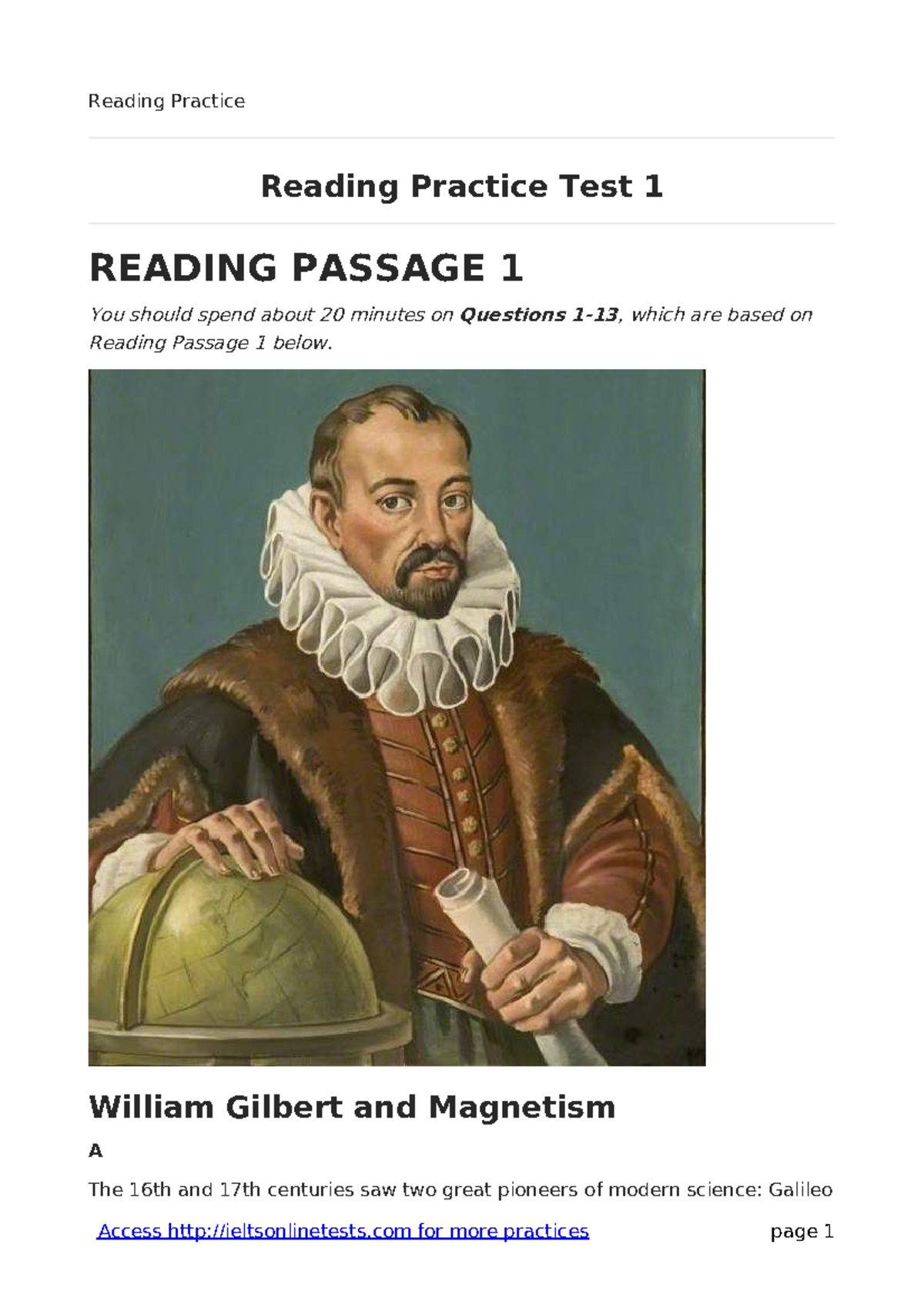 Reading Practice Test 1: William Gilbert and Climate Change Insights ...