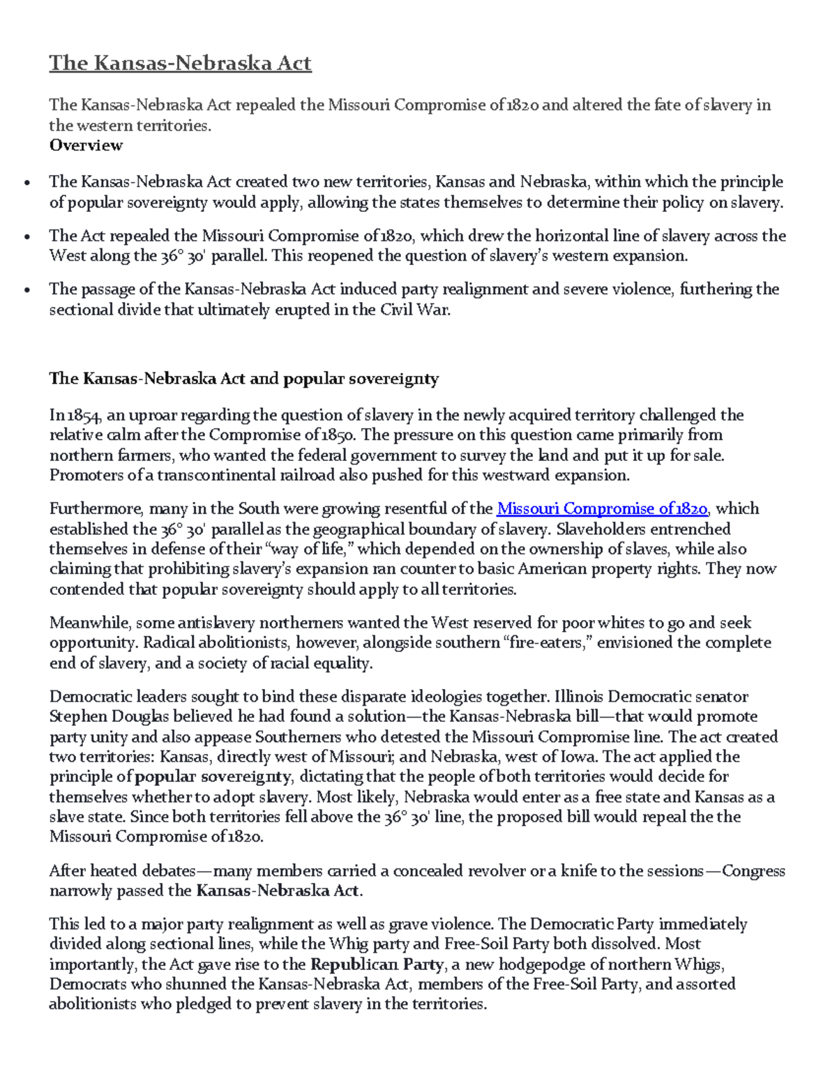 The Kansas-Nebraska Act: Impact on Slavery and Political Divisions ...