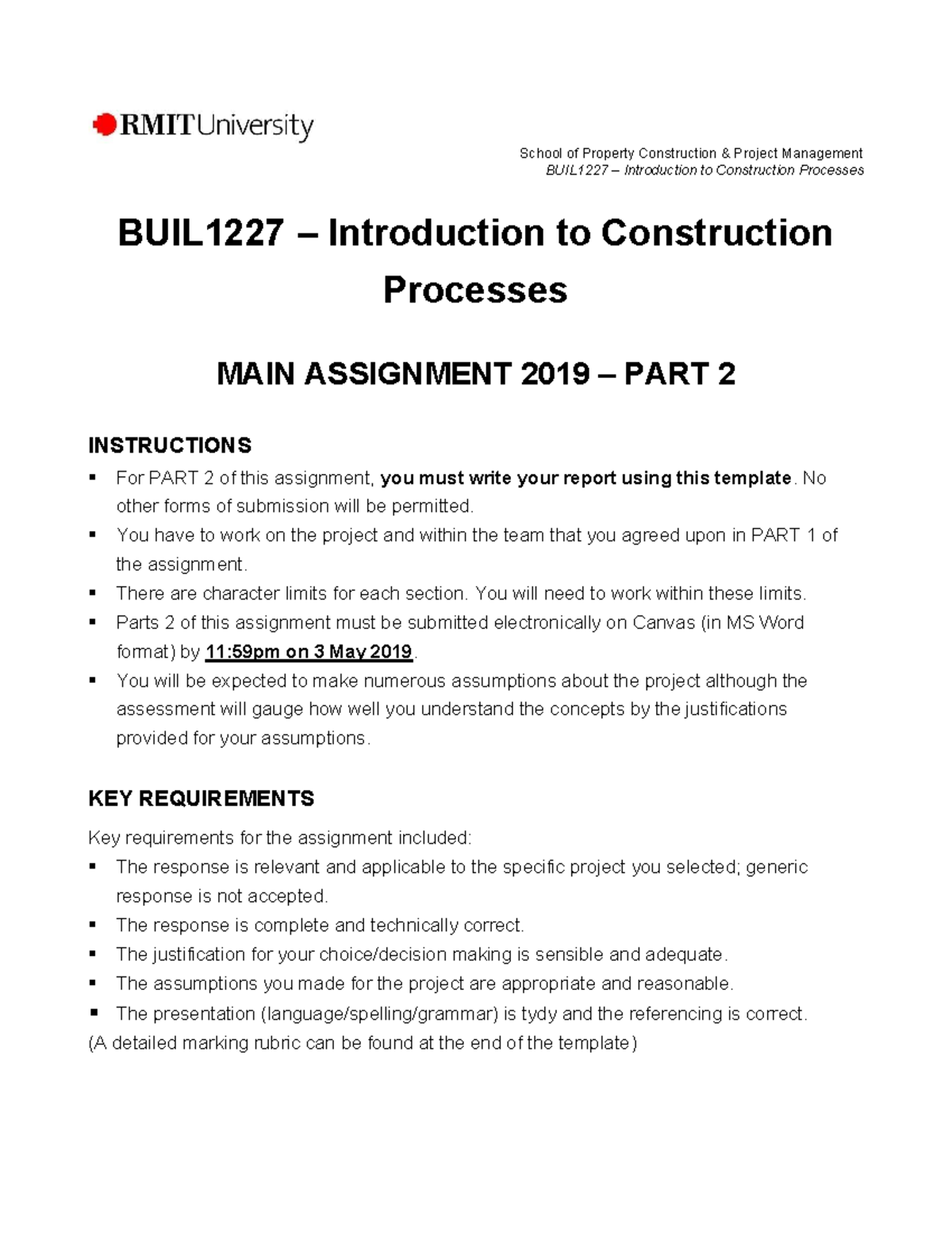 Assignment 1 2019-2020 Construction Processes RMIT - School of Property ...