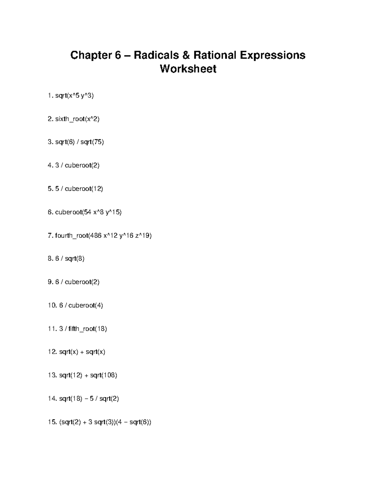 Chapter 6 – Radicals & Rational Expressions Worksheet - Studocu