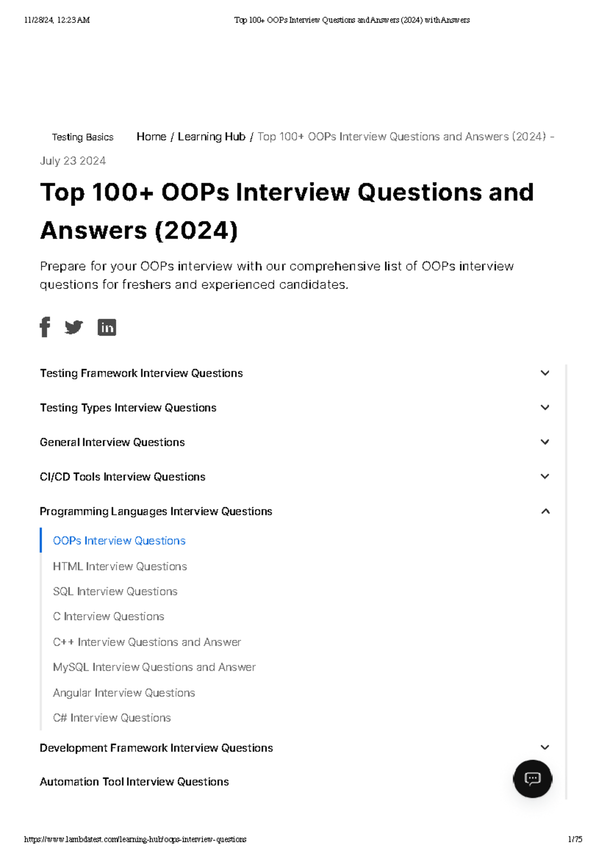 Top 100+ OOP Interview Questions & Answers (2024) for Job Seekers - Studocu