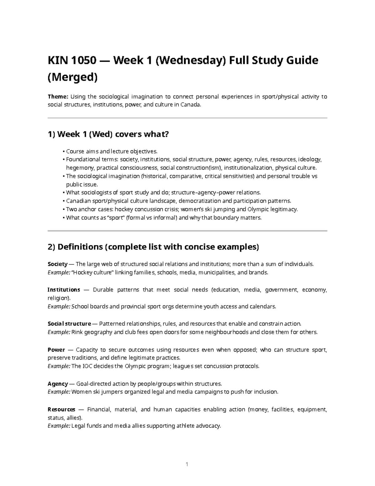 KIN 1050 Week 1 (Wed) Full Study Guide: Sociological Imagination in ...