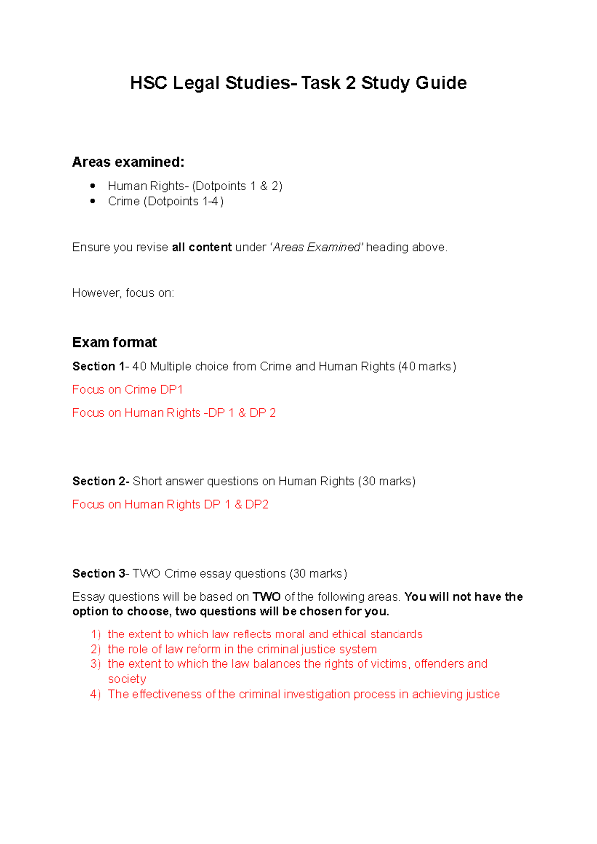 HSC Legal Studies Task 2 - Study Guide for Exam Preparation - Studocu