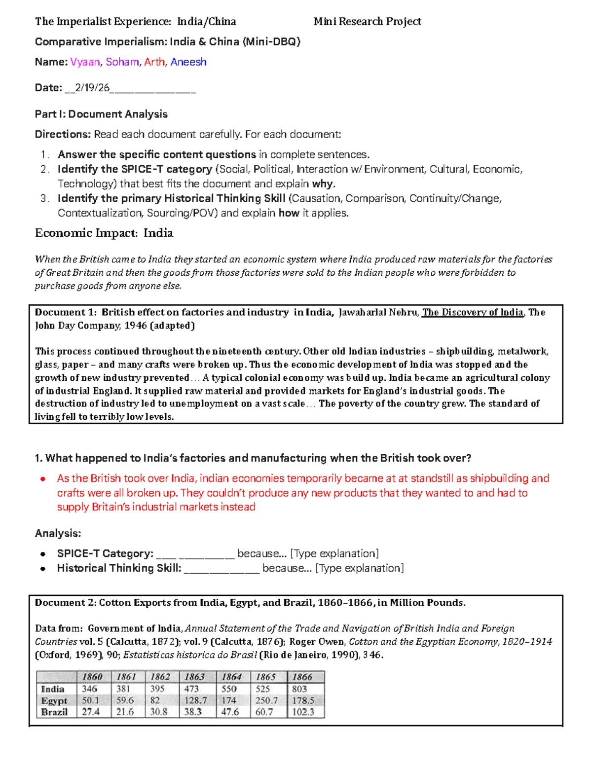 The Imperialist Experience: Mini Research Project (Comparative ...