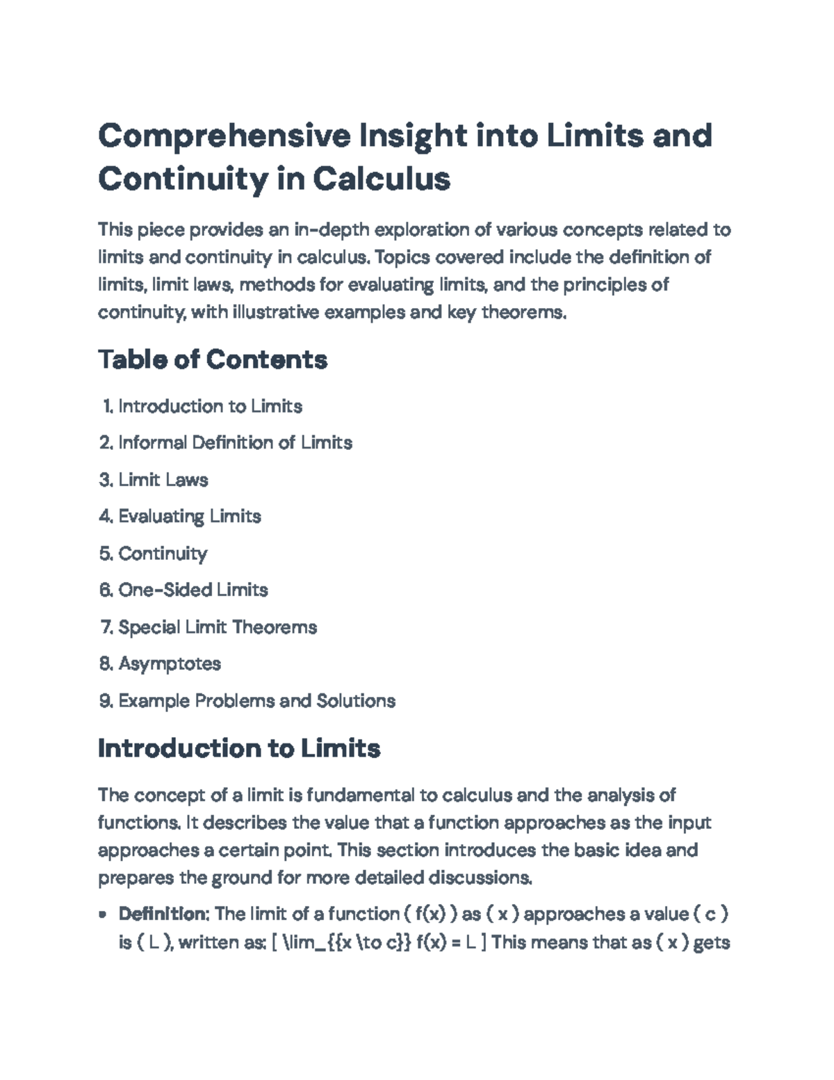 Comprehensive Overview of Limits and Continuity in Calculus (MATH 101 ...