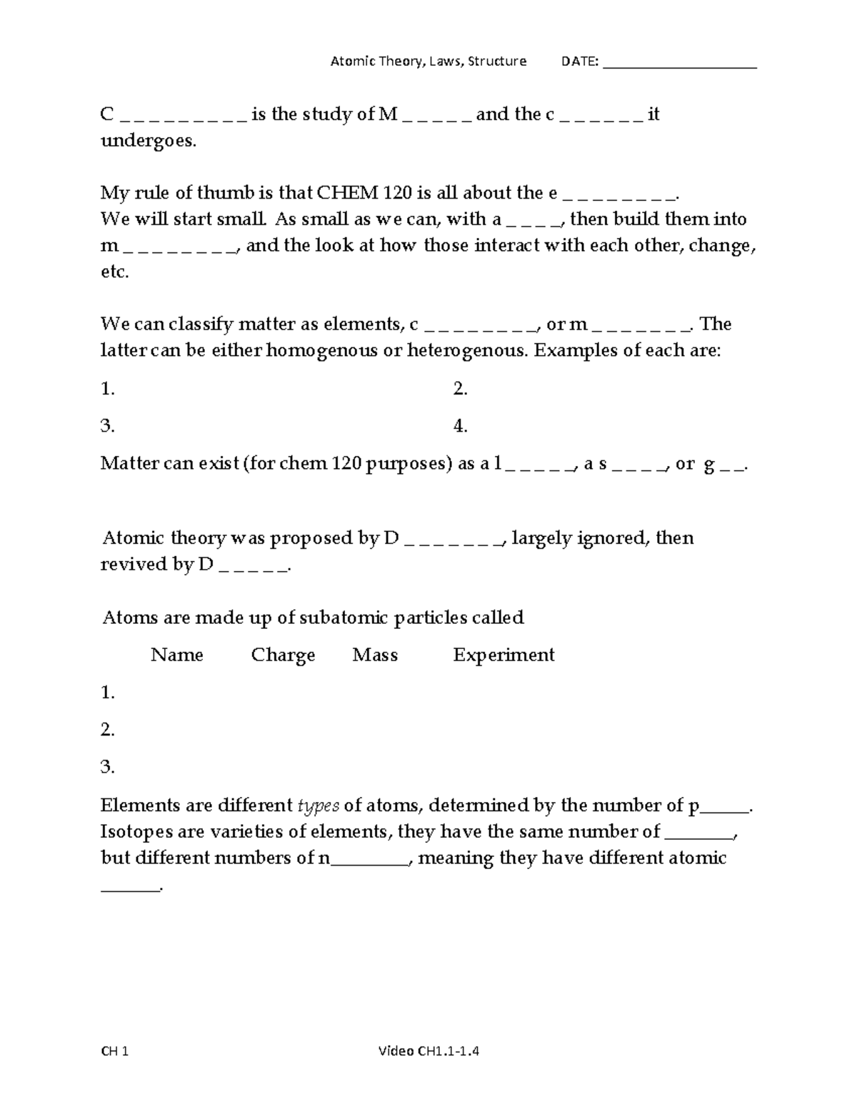 CHEM 120 In Class Worksheet Day 02 CH1b Chemical Foundations Atomic ...