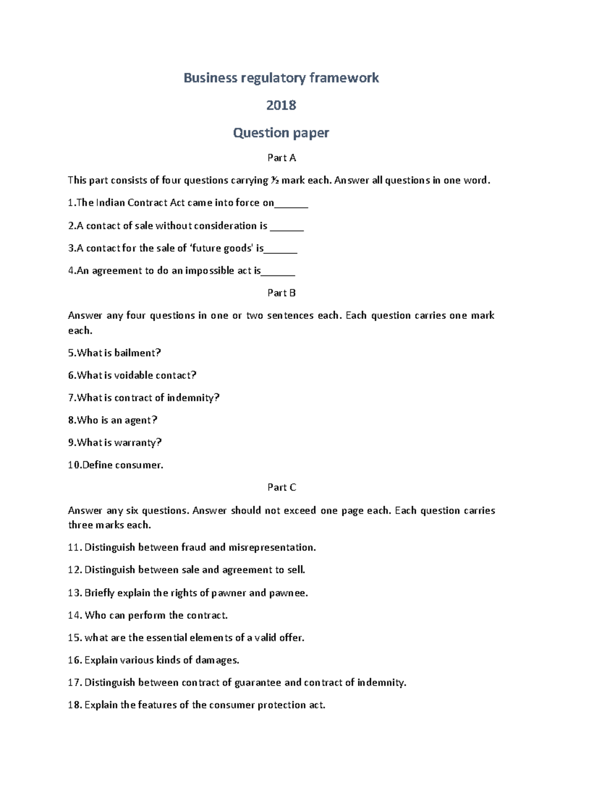 Business Regulatory Framework QP 2018 - Exam Questions & Answers - Studocu