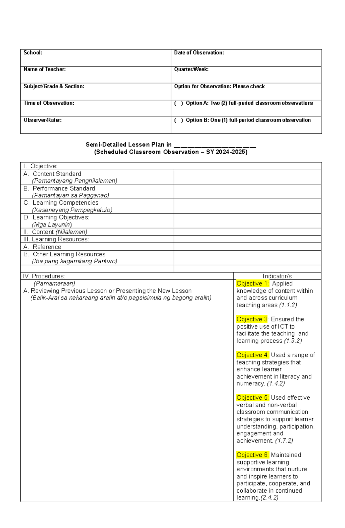 Blank Template Lesson Plan with COI indicators - School: Date of ...
