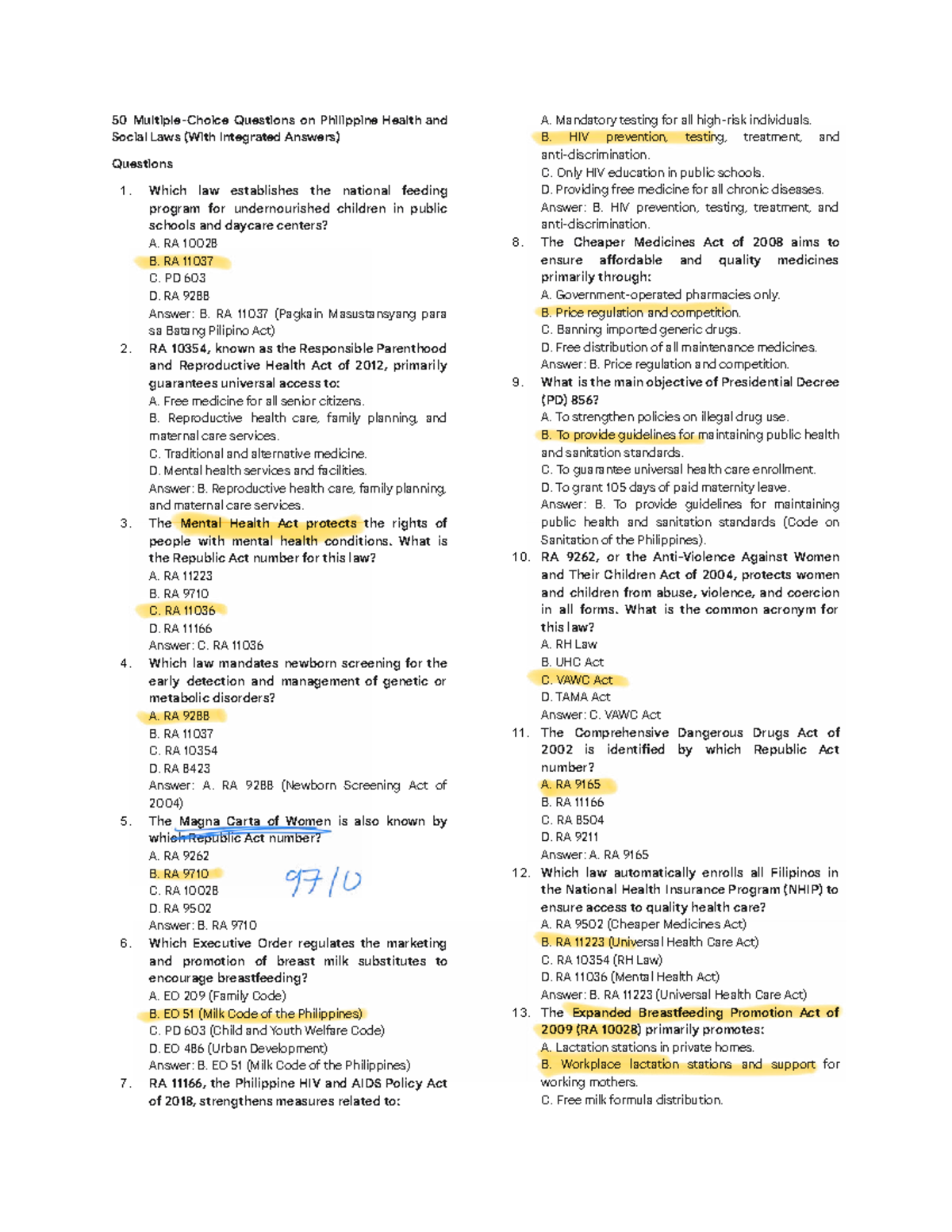 50 Questions on Philippine Health & Social Laws (With Answers) - Studocu