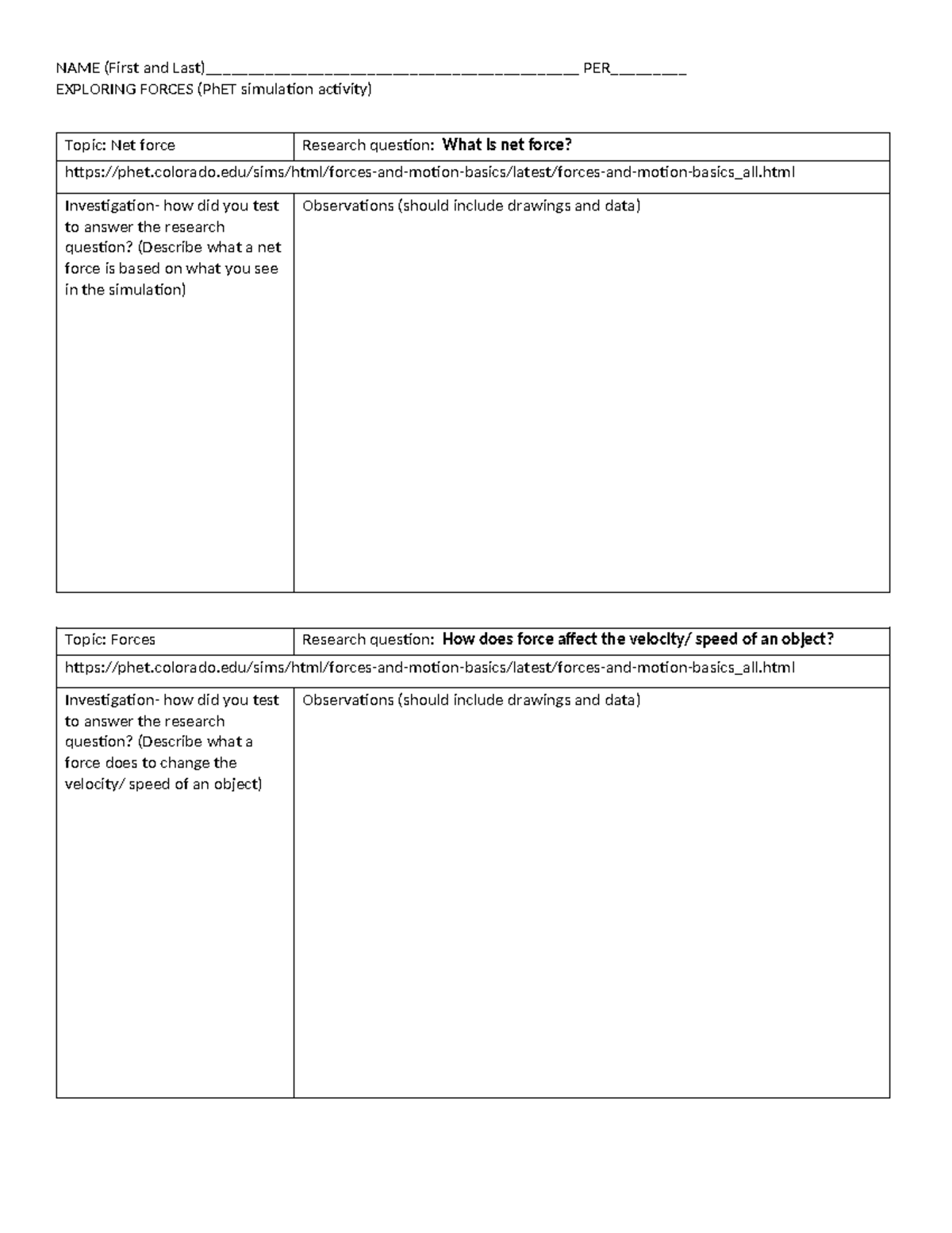 Exploring Forces: PhET Simulations on Net Force and Speed - Studocu