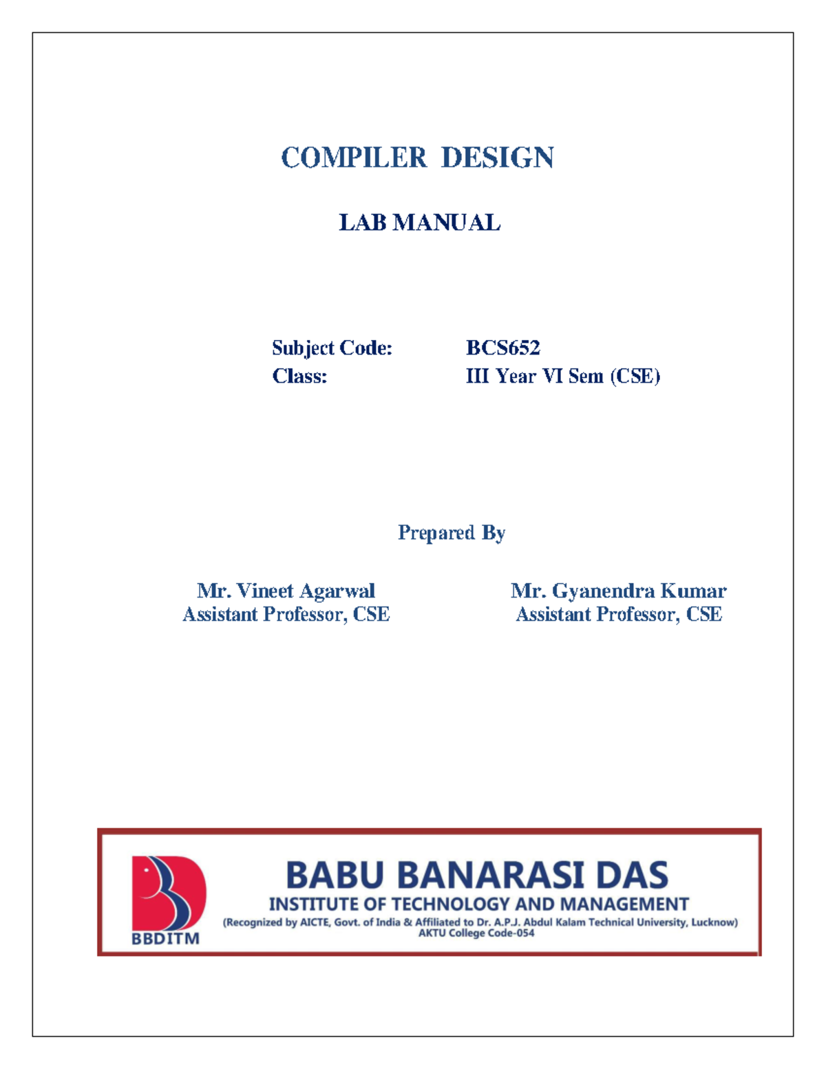Compiler Design Lab Manual - BCS652 - VI Sem (CSE) - Studocu