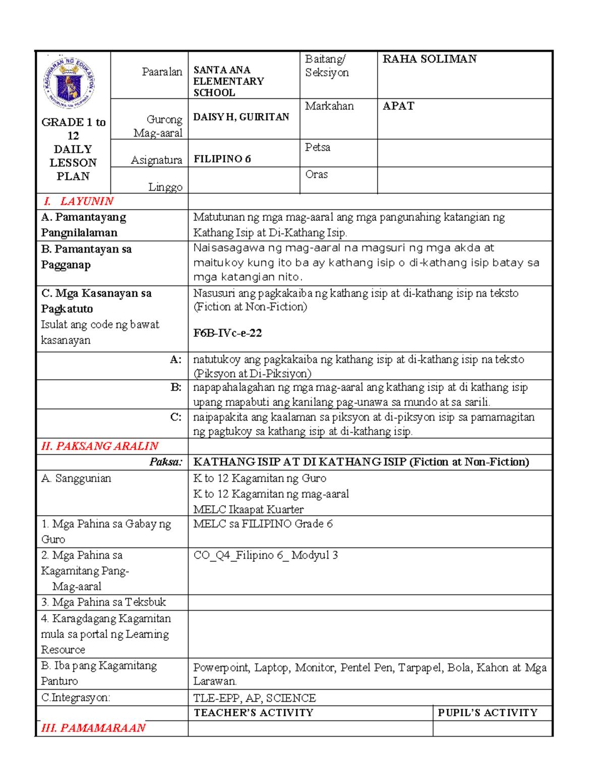 Filipino 6 Lesson Plan: Kathang Isip at Di-Kathang Isip - Studocu