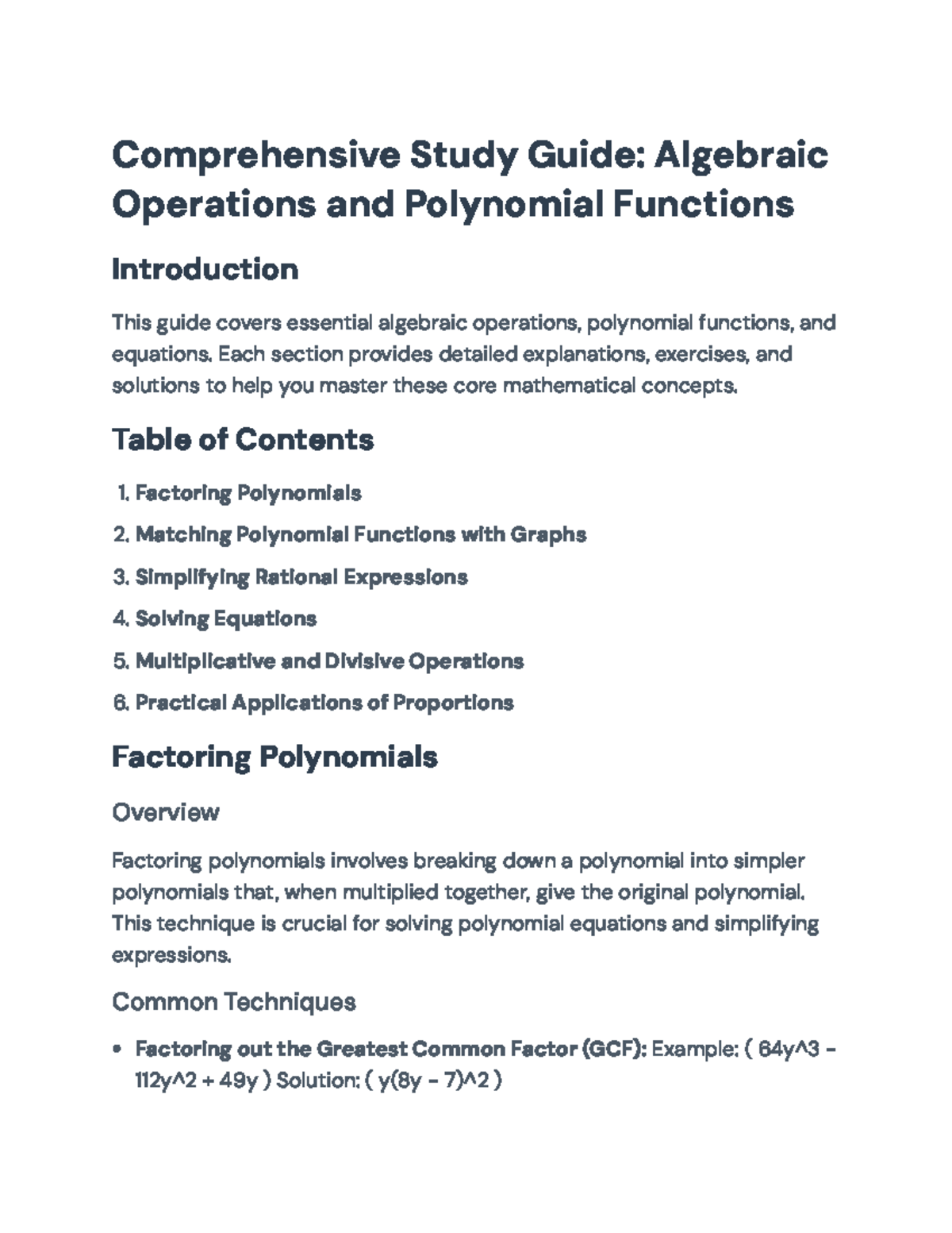 Comprehensive Algebra Study Guide: Operations & Polynomial Functions ...
