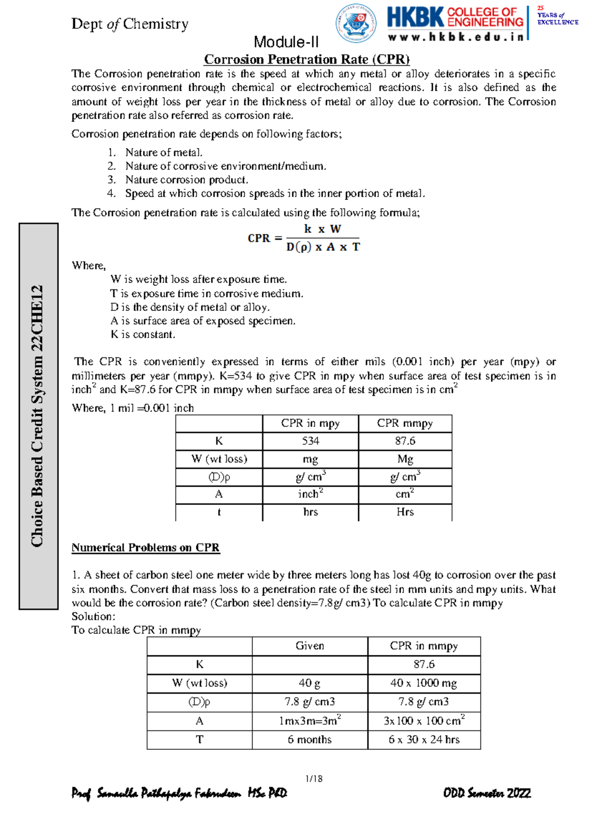 Corrosion Penetration Rate (CPR) Numerical Problems - CHE 1.2 Module-II - Studocu