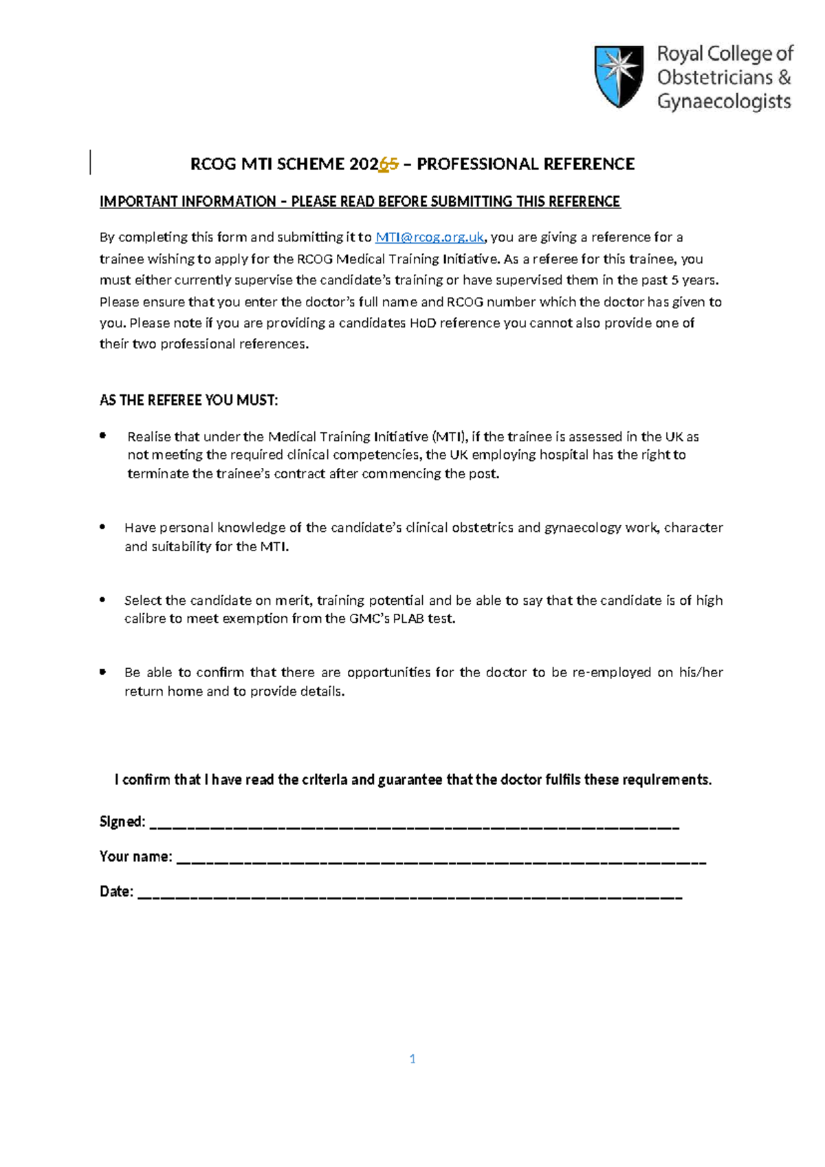 RCOG MTI 2026 Professional Reference Form Guidelines - Studocu