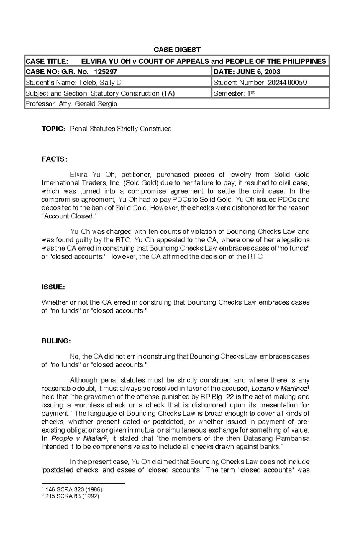 Yu Oh v CA and People - CASE DIGEST TOPIC: Penal Statutes Strictly ...