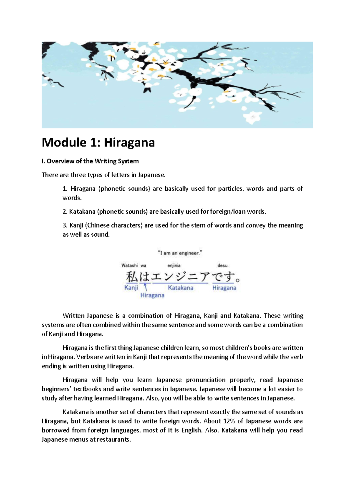 Module 1 - Hiragana - Module 1: Hiragana I. Overview of the Writing ...