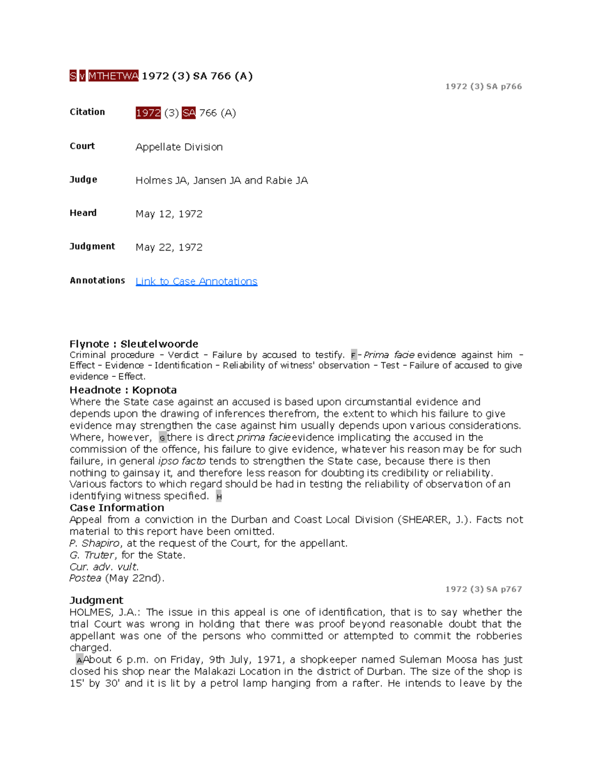 S v Mthetwa 1972 - Appellate Division Judgment Analysis - Studocu