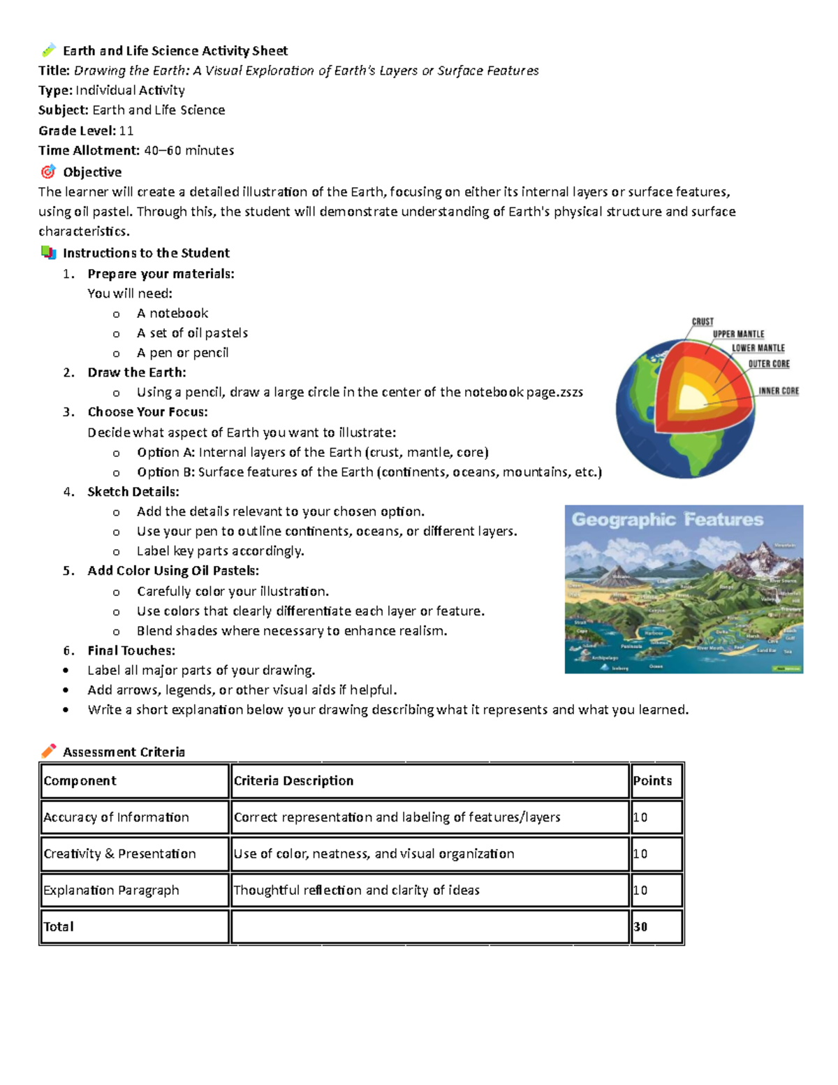 Earth and Life Science Activity: Drawing Earth's Layers or Features ...