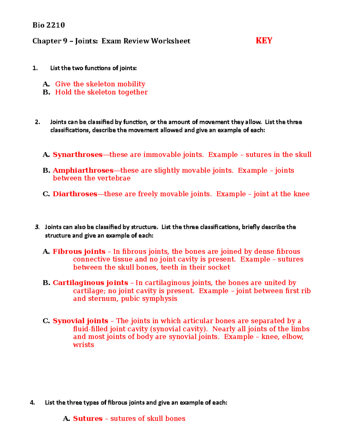 Bio 2210 Exam Review Worksheet Key - Chapter 9: Joints - Studocu