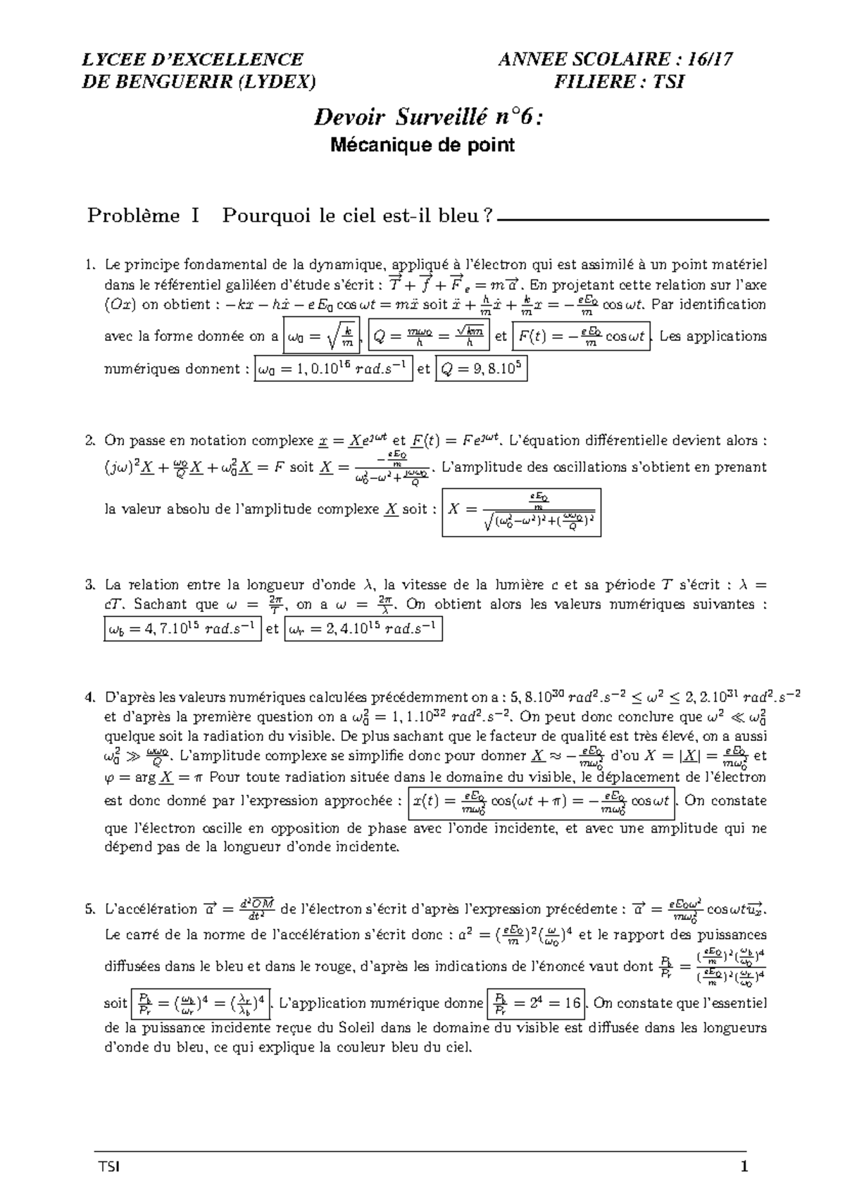 Devoir Surveillé N 6 Problèmes De Mécanique Et Dynamique Tsi 16 17