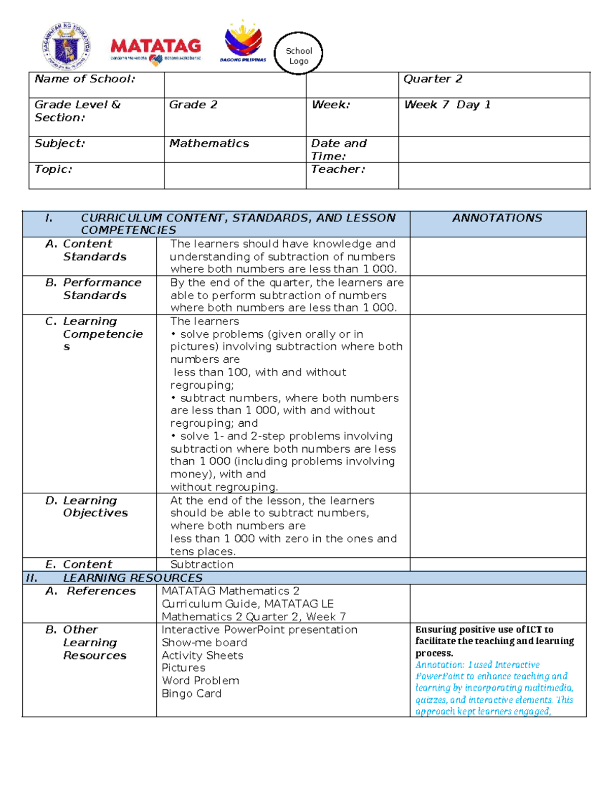 Mathematics 2 Q2 Week 7 Day 1 Lesson Plan and Activities - Studocu