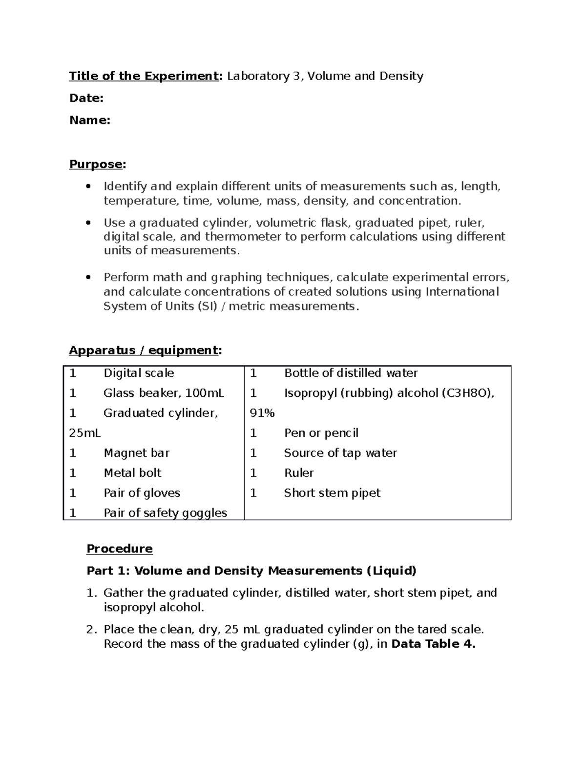 Lab, Volume and Density Report - Title of the Experiment: Laboratory 3 ...