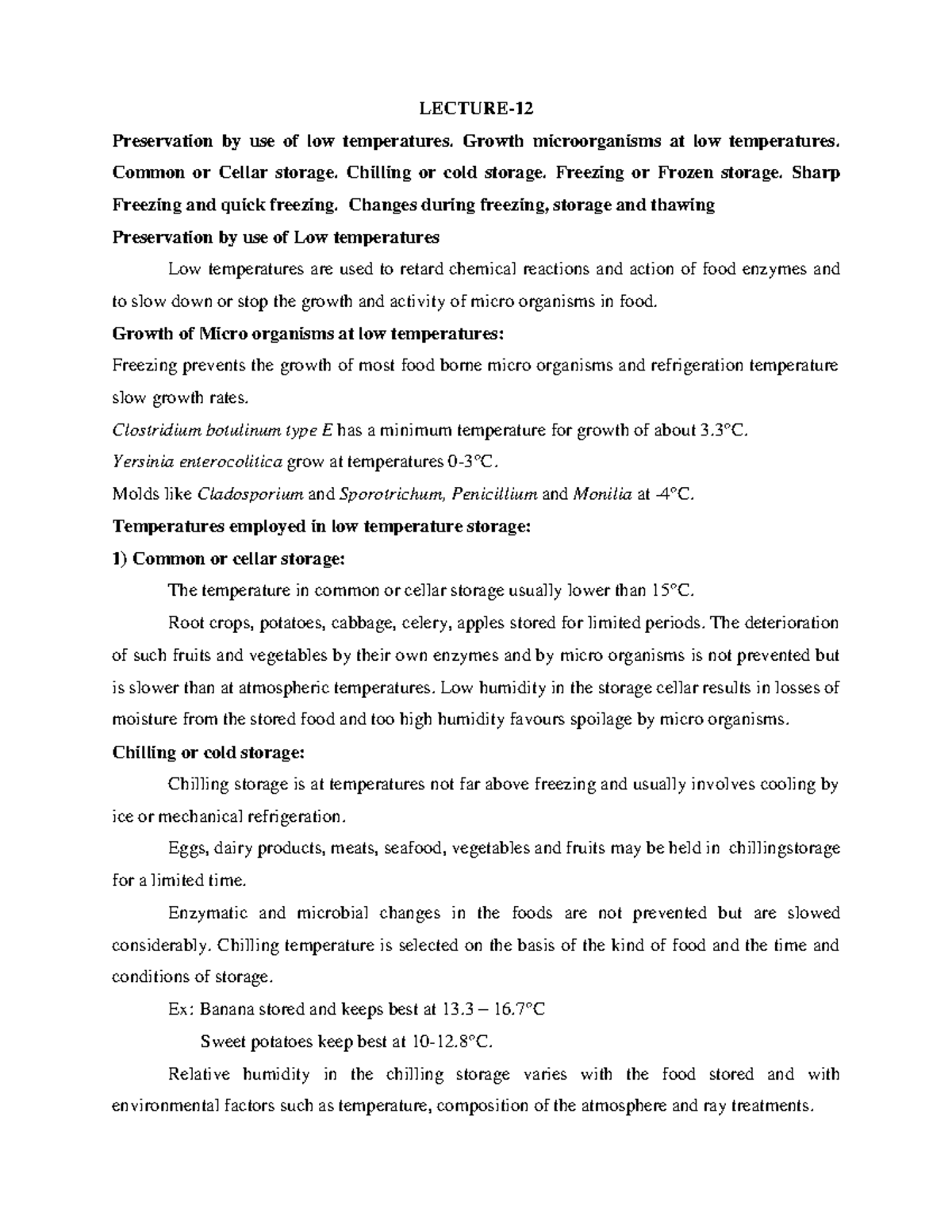 L 12 Lecture Notes: Preservation Techniques Using Low Temperatures ...